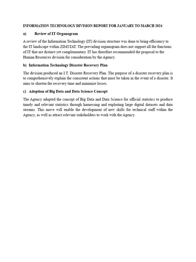 Summarized Information Technology Division Report For January To March ...