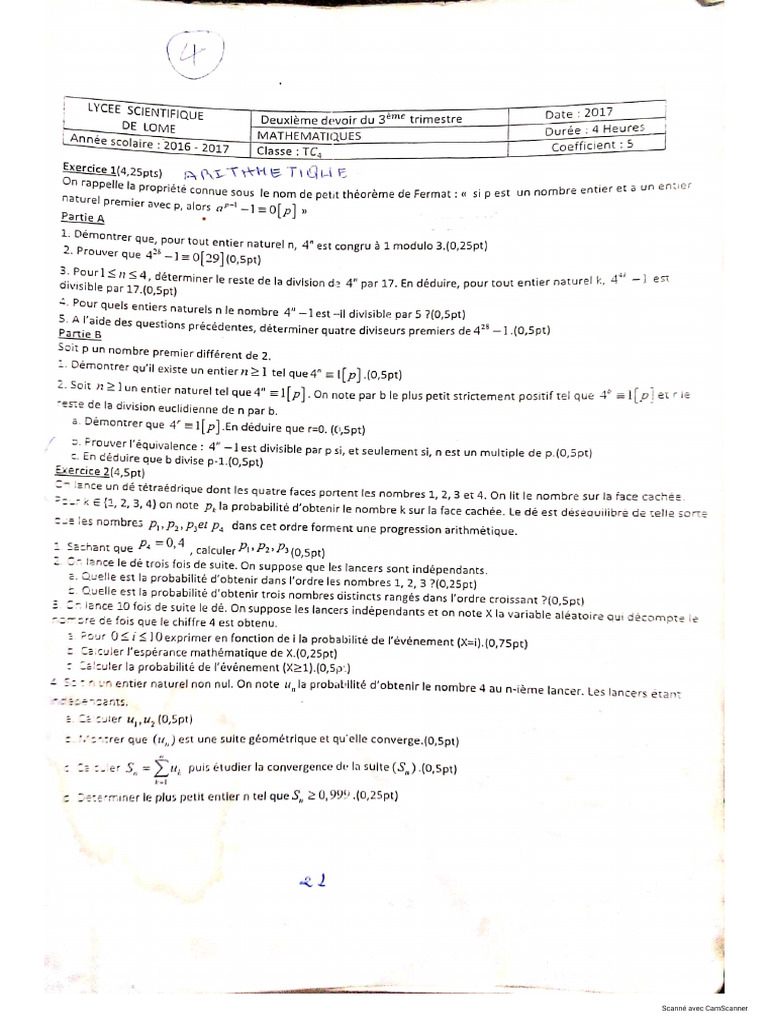 Lycée Scientifique de Lomé Math TLE C4 | PDF