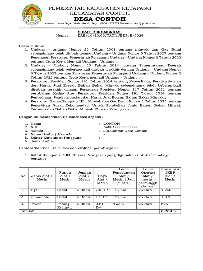 Format Rekomendasi BBM JBT Atau JBKP | PDF