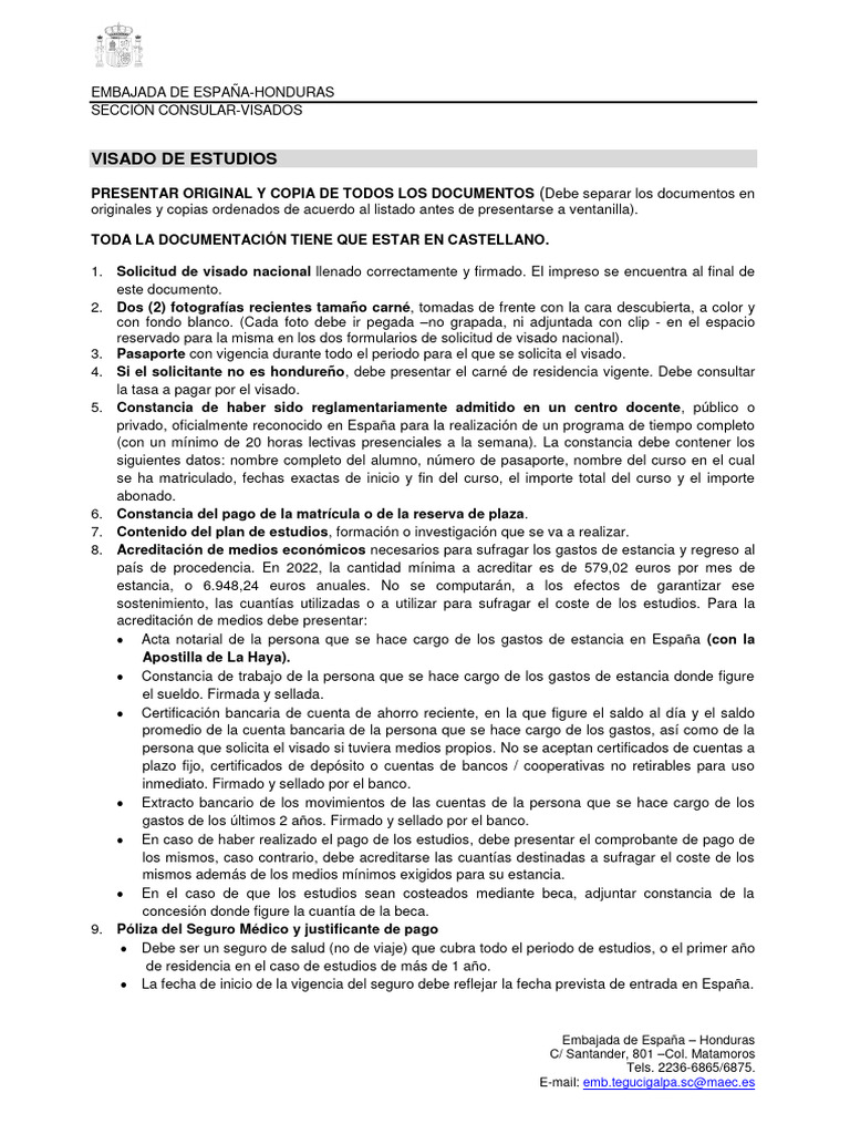Requisitos para Visado de Estudios en España | PDF | Visa de viaje ...