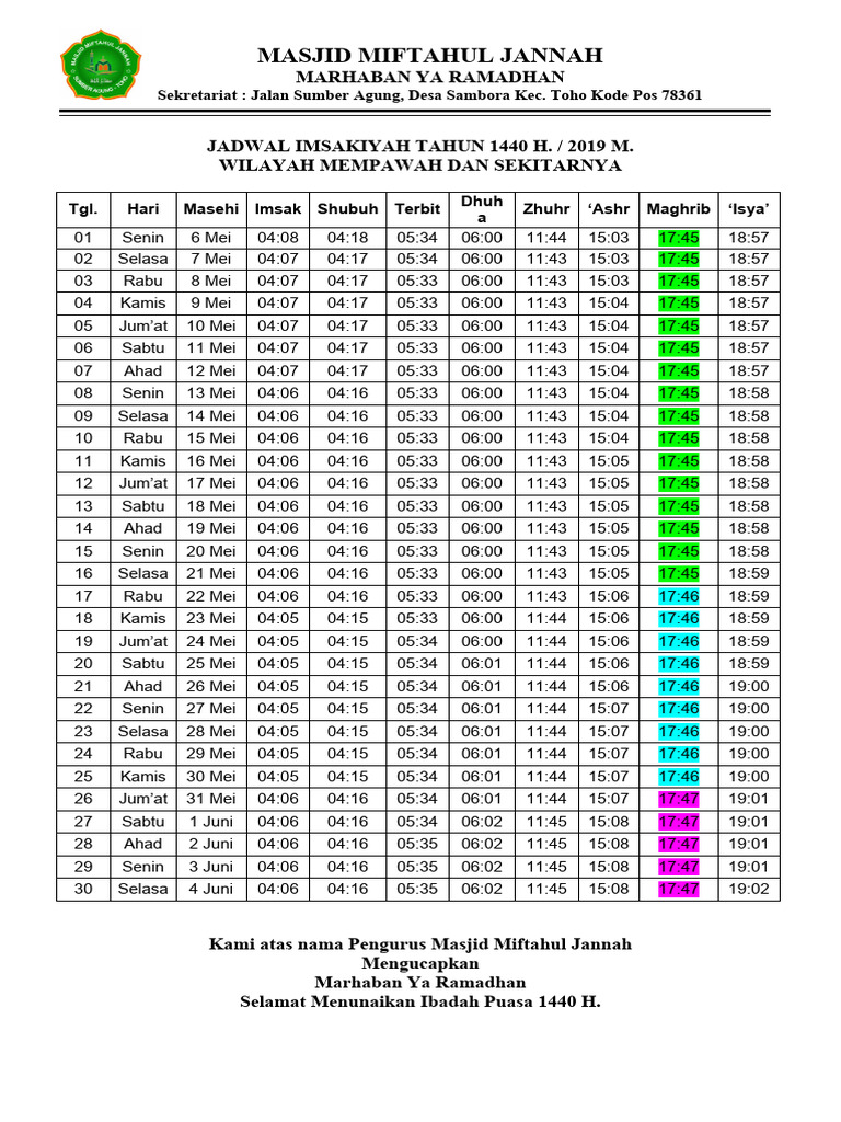 Jadwal Imsakiyah Masjid Miftahul Jannah Tahun 2019 | PDF