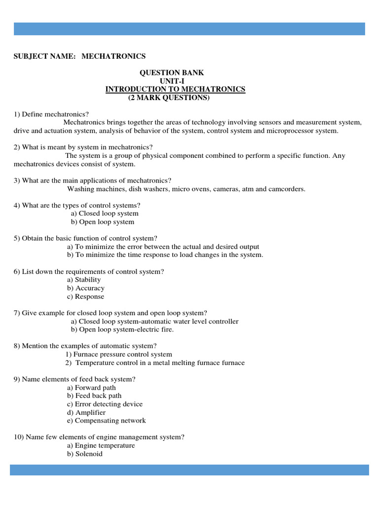 MECHATRONICS Question Bank | PDF | Microcontroller | Programmable Logic ...