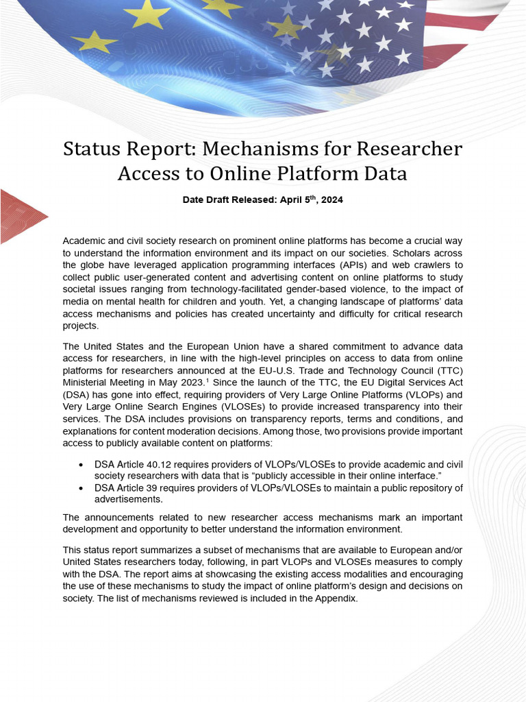 Status Report Mechanisms For Researcher Access To Online Platform Data Clean jsd4 Access ...