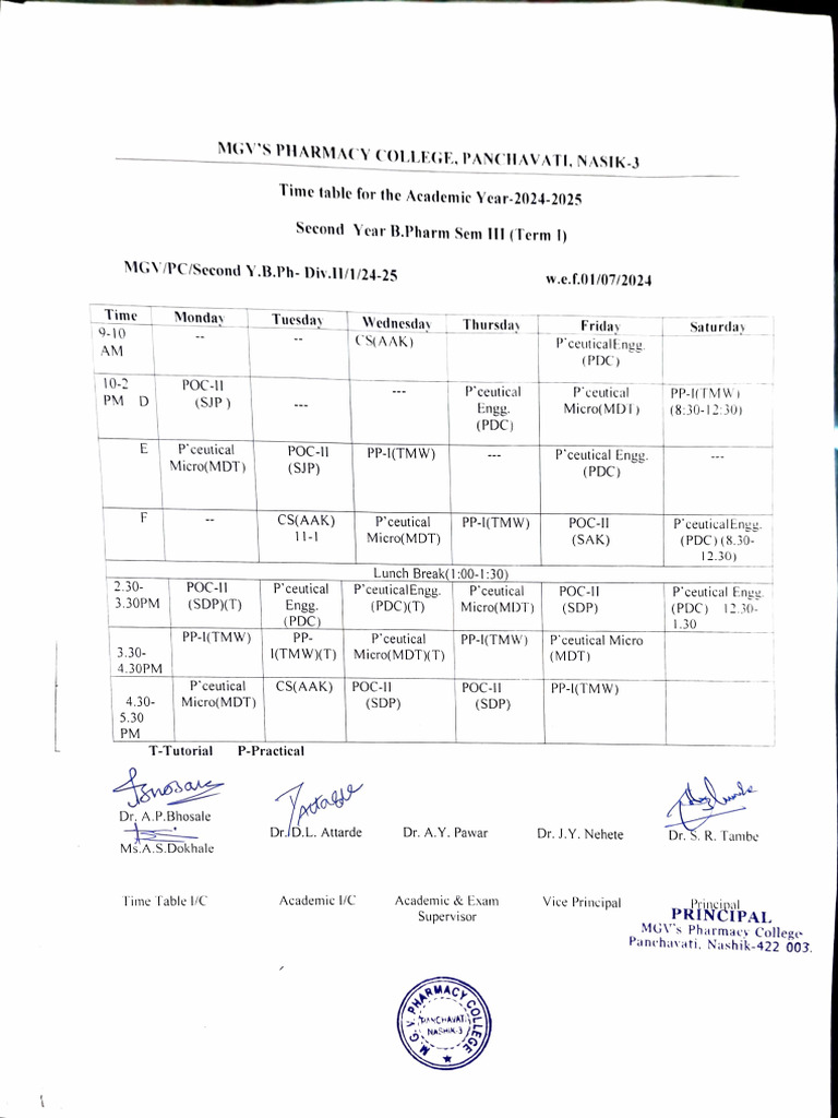 S.Y.B.Pharm Div II Term II 24-25 Timetable | PDF