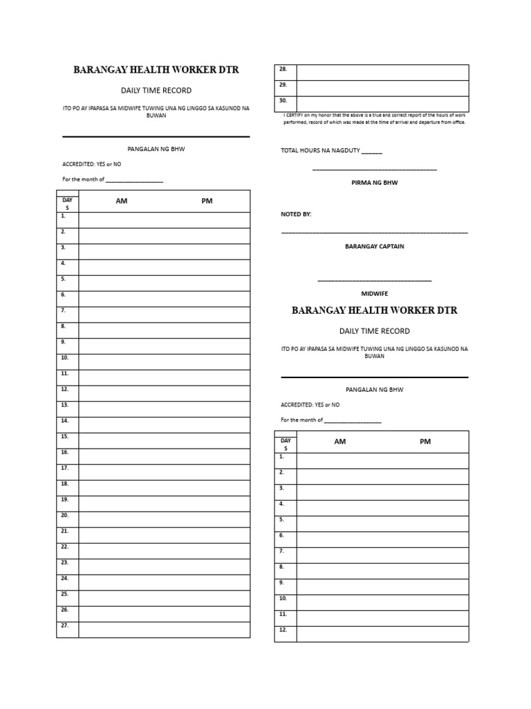 Barangay Health Worker DTR | PDF