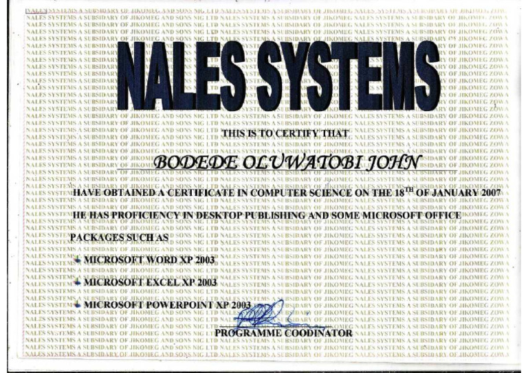 John Bodede Computer Training Certificate | PDF