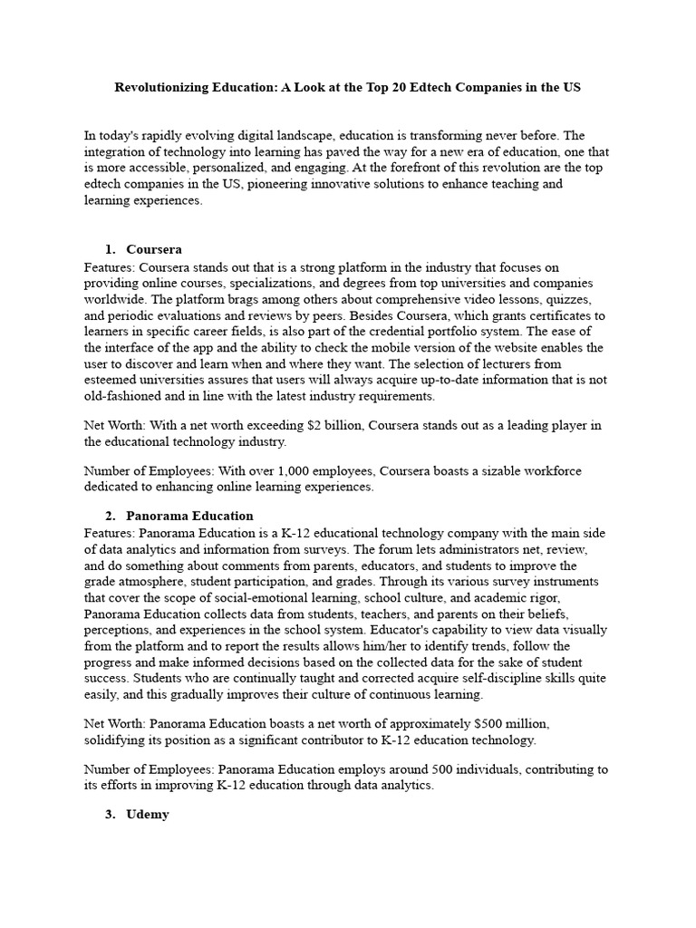 Revolutionizing Education A Look at The Top 20 Edtech Companies in The US | PDF | Educational ...