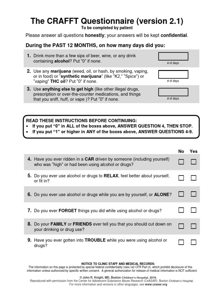 CRAFFT Questionnaire for Substance Use Assessment | PDF | Cannabis ...
