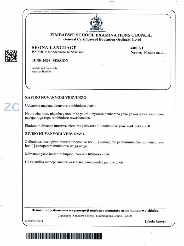 Shona Language Paper 1 2024 | PDF