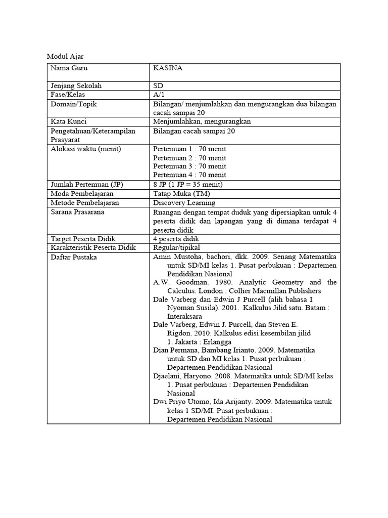 Modul Ajar Matematika - Menjumlahkan Dan Mengurangkan Dua Bilangan Cacah Sampai 20 - Fase A | PDF