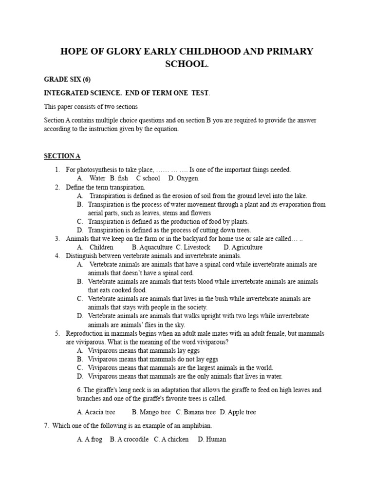 Grade 6 Test 1. Integrated Science | PDF | Mammals | Vertebrates