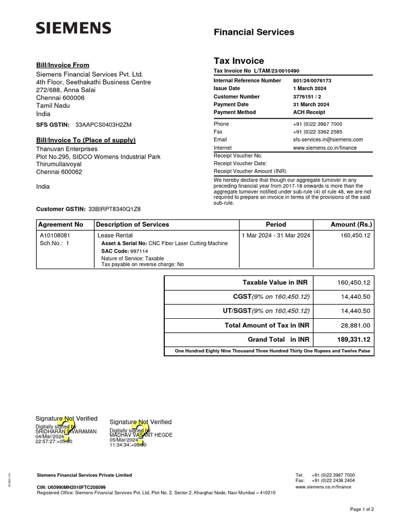 Thanuvan E LeaseRental Mar 2024 SOUTH2 2 | PDF | Receipt | Invoice