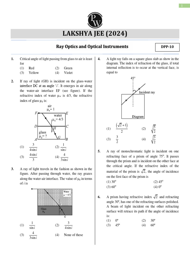Ray Optics and Optical Instruments - DPP 10 (Of Lec 12) - Lakshya JEE ...