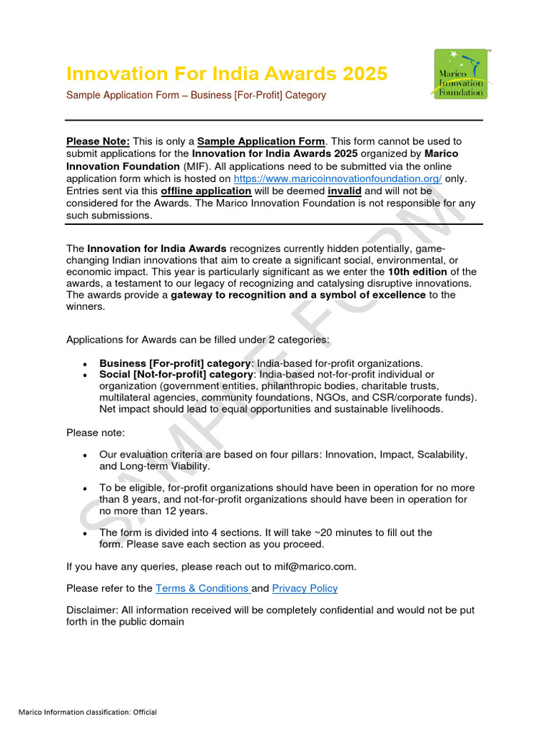 MIF - Innovation For India Awards - Sample Application Form For Business | PDF | Innovation ...