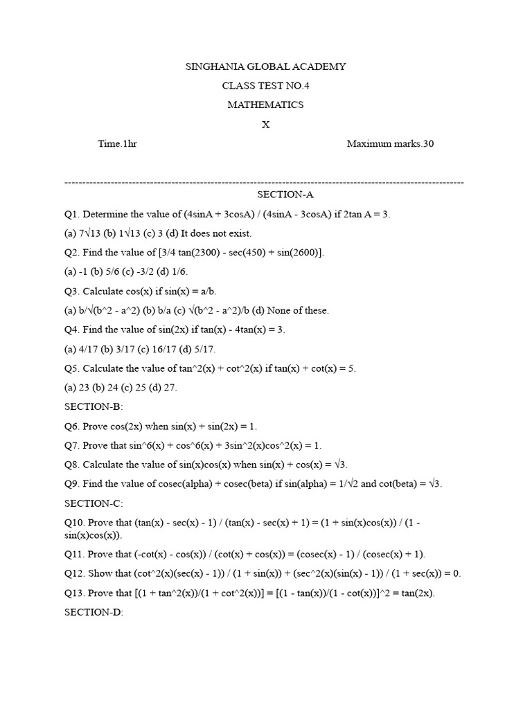 Mathematics Class Test Questions | PDF