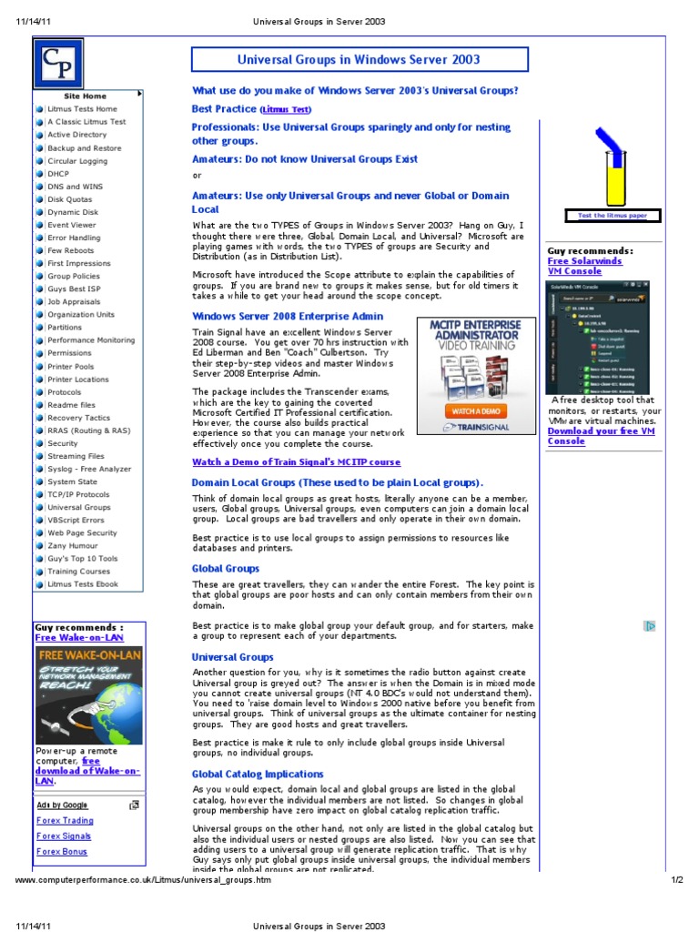 Universal Groups in Server 2003 | PDF | Telecommunications | Areas Of ...