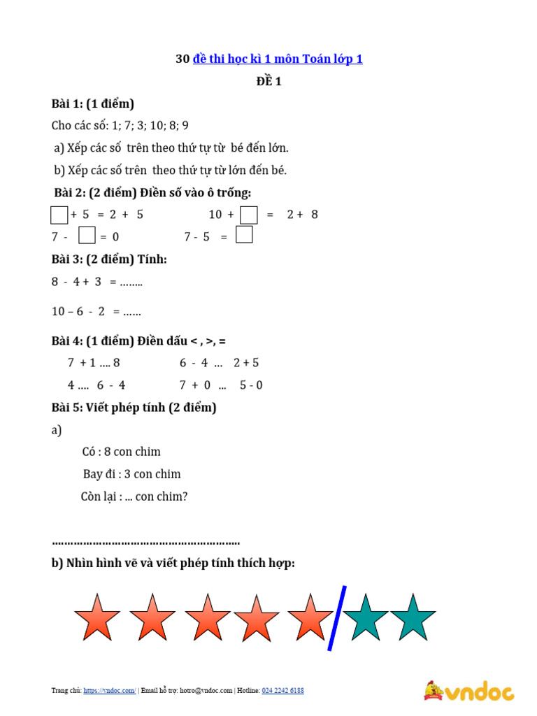 Tuyen Tap 30 de Thi Hoc Ki 1 Mon Toan Lop 1 | PDF