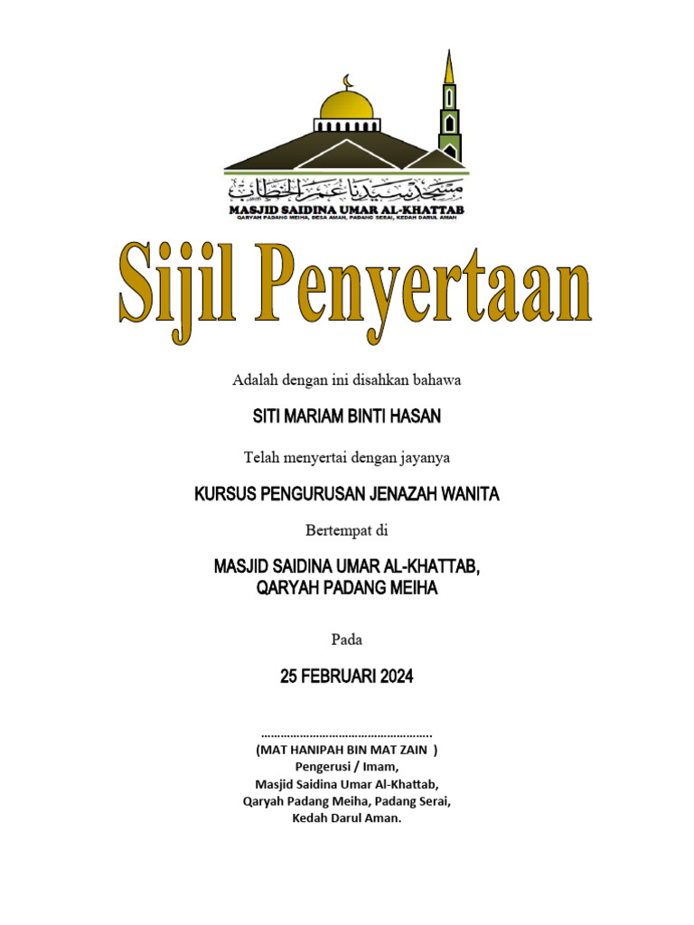 CTH Sijil Penyertaan Kursus Pengurusan Jenazah Wanita 2024 | PDF