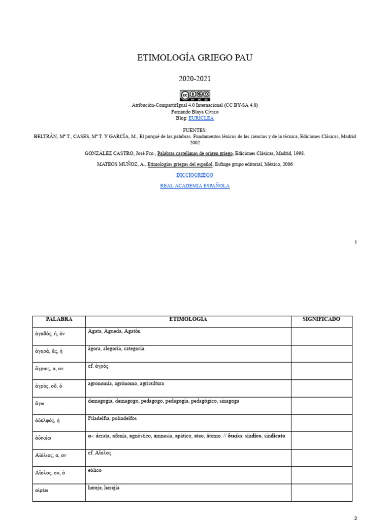 Etimología Griego Pau 2020 - 2021 | PDF | Estudios de idiomas ...