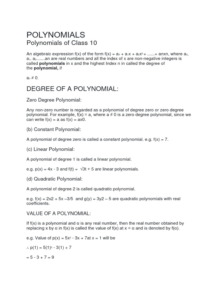 POLYNOMIALS | PDF | Polynomial | Quadratic Equation
