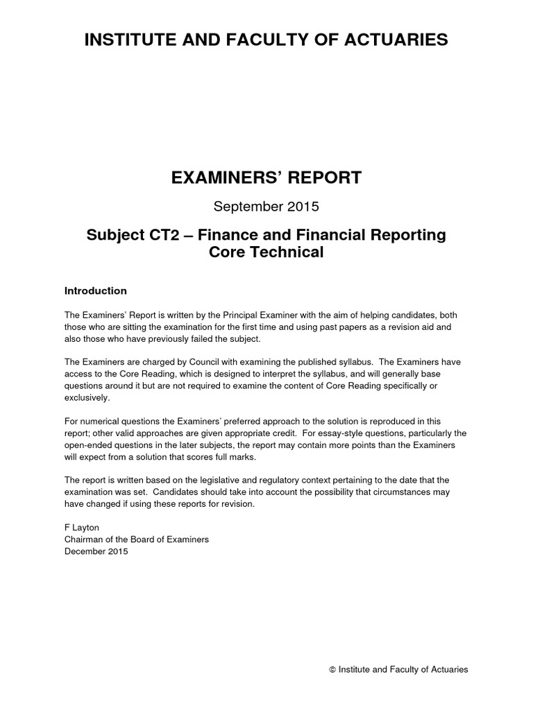 IandF CT2 201509 ExaminersReport | PDF | Equity (Finance) | Beta (Finance)