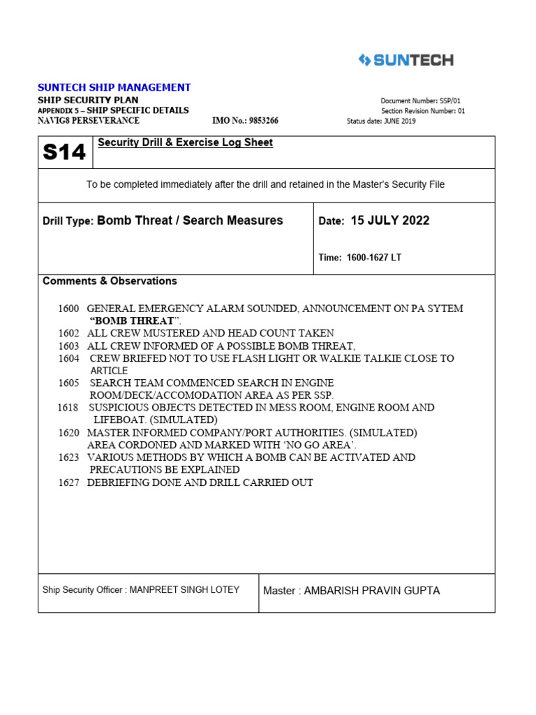 Bomb Threat / Search Measures 15 JULY 2022: Security Drill & Exercise ...