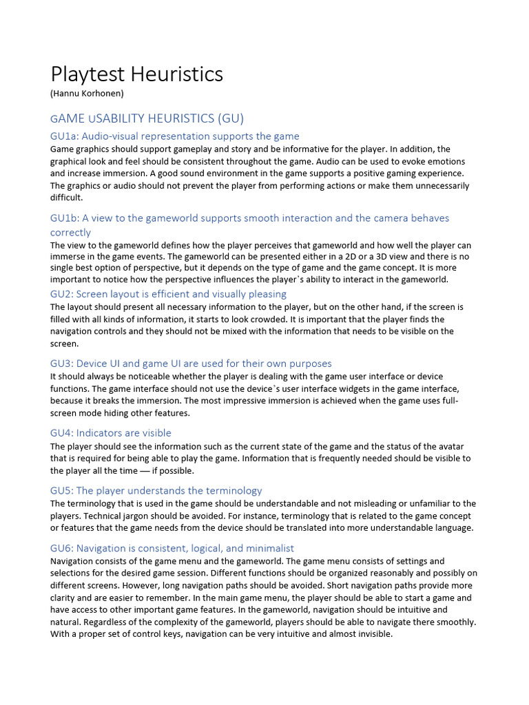 Game Usability Heuristics Overview | PDF | User Interface | Usability Game Usability Heuristics Overview | PDF | User Interface | Usability
