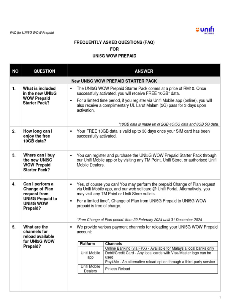 FAQ - UNI5G WOW Prepaid - UNI5G WOW Prepaid Starter Pack | PDF | Debit Card | Prepaid Mobile Phone