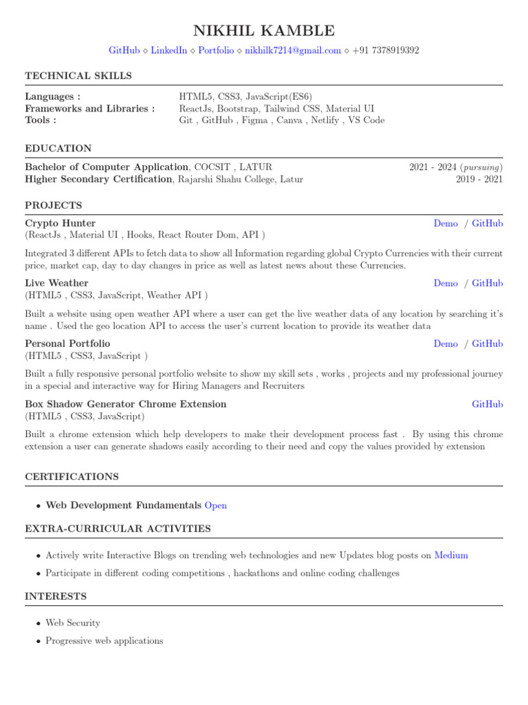 Resume Nikhil Kamble Frontend v1 | PDF | Computers