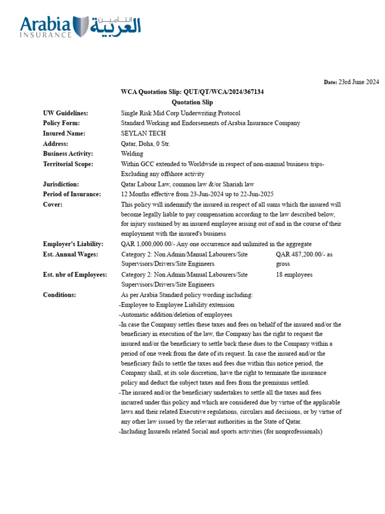 WCA Quotation | PDF | Insurance | Liability Insurance