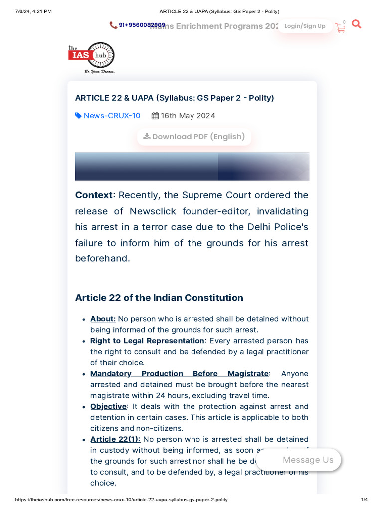 ARTICLE 22 & UAPA (Syllabus - GS Paper 2 - Polity) | PDF | Arrest | National Security