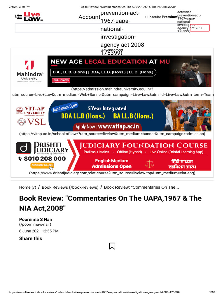 UAPA 1967 & NIA Act 2008 Commentaries | PDF | Government | Justice