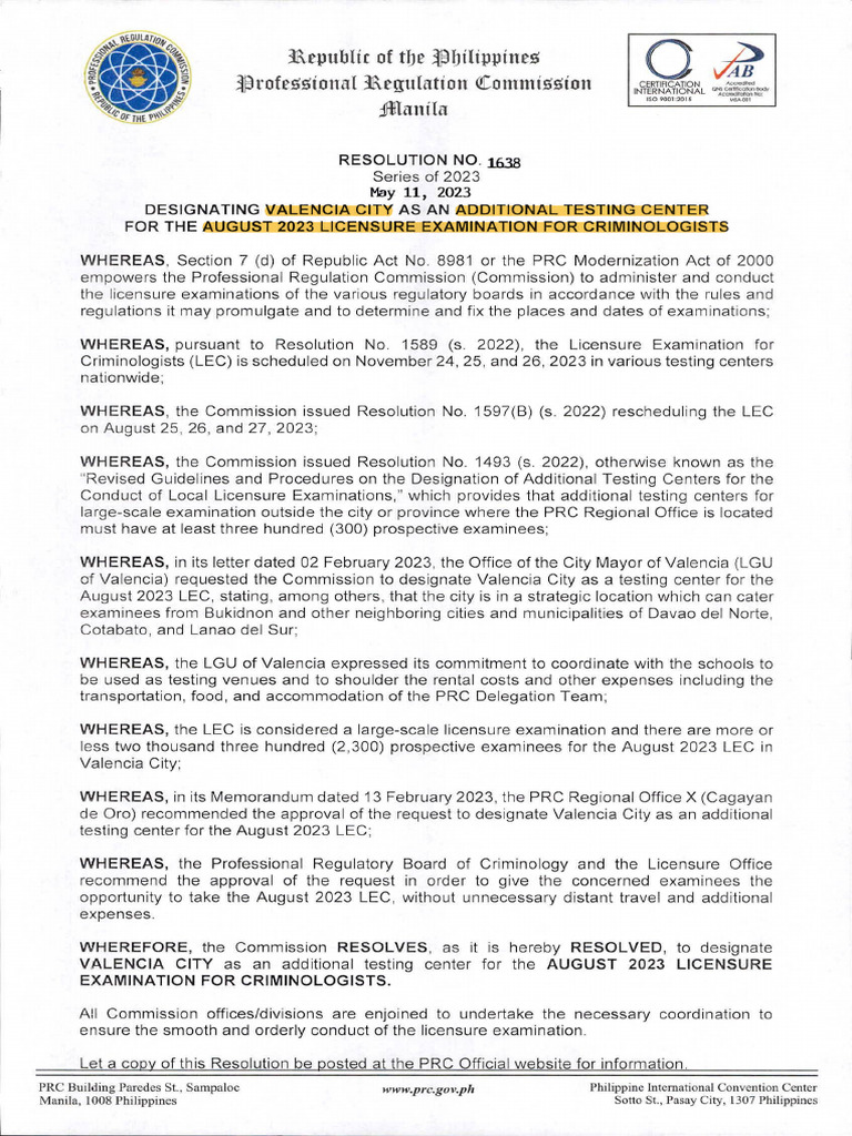 PRC 2023-1638 (Aug2023 CLE Additional Testing Center) | PDF