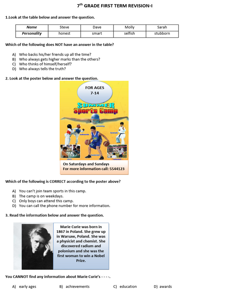 7th Grade First Term Revision Guide | PDF | Marie Curie