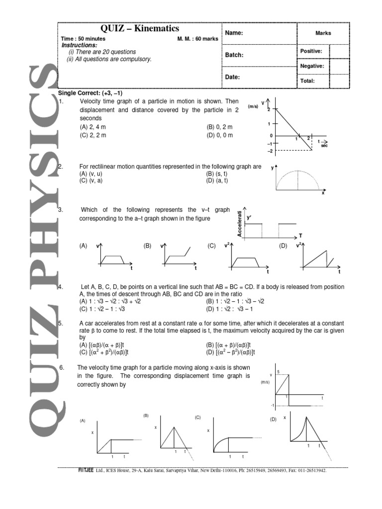 Kinematics Quiz with 20 Questions | PDF | Acceleration | Velocity