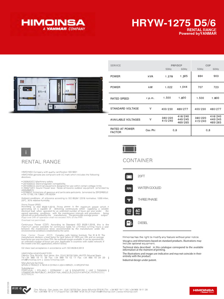 Generator Set Data Sheet Hryw 1275 d5 6 Rental English | PDF | Mains ...