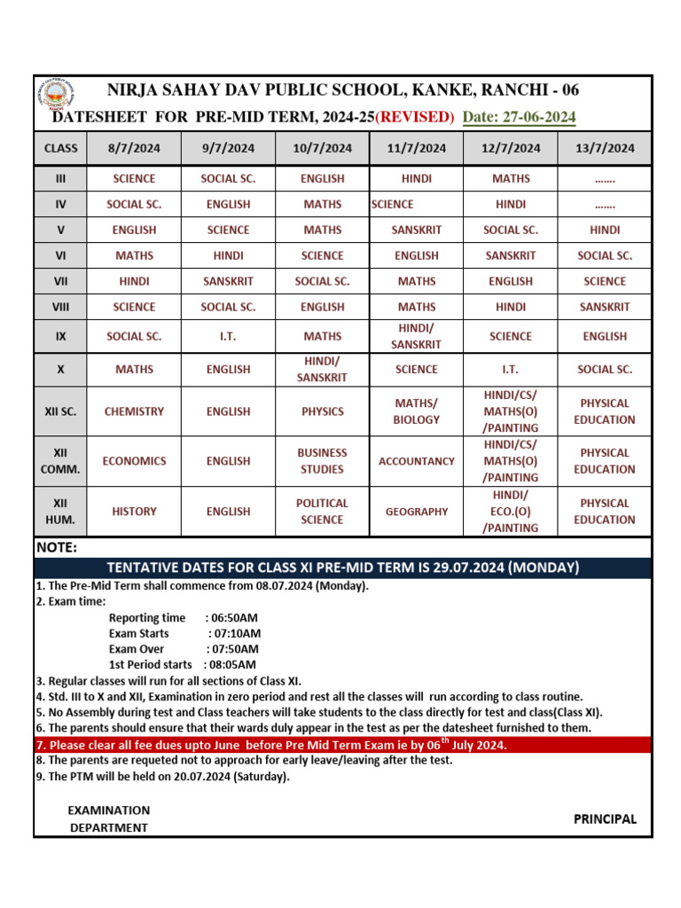 Pre mid term date sheet 24-25 (revised) | PDF | Science