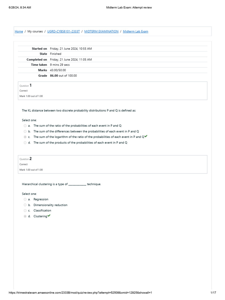 Midterm Lab Exam - Attempt Review | PDF | Cluster Analysis | Statistical Classification