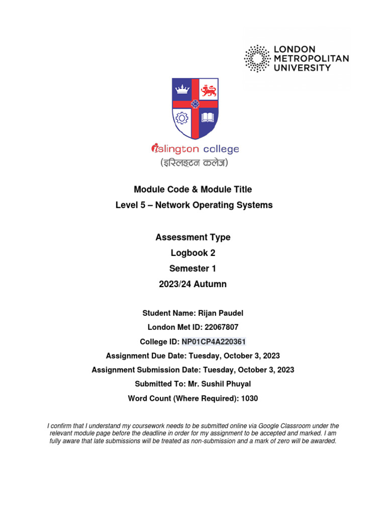 Network Operating System Logbook 2 Islington College | PDF ...
