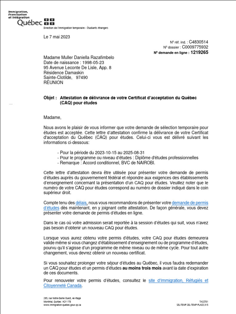 Attestation CAQ pour études au Québec | PDF | Québec