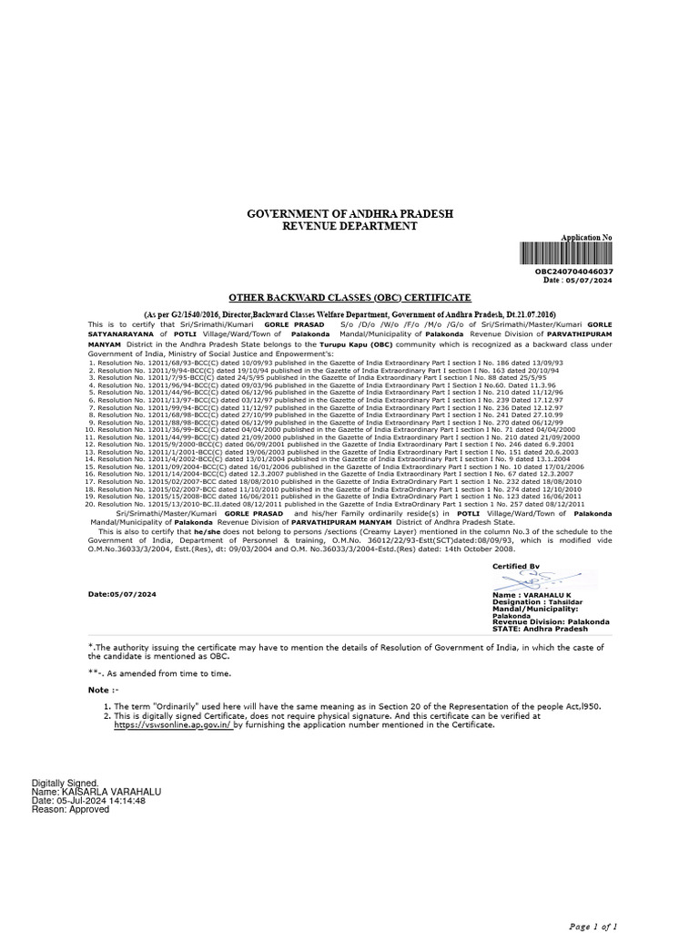 OBC Certificate for Gorle Prasad, AP | PDF | Social Inequality ...