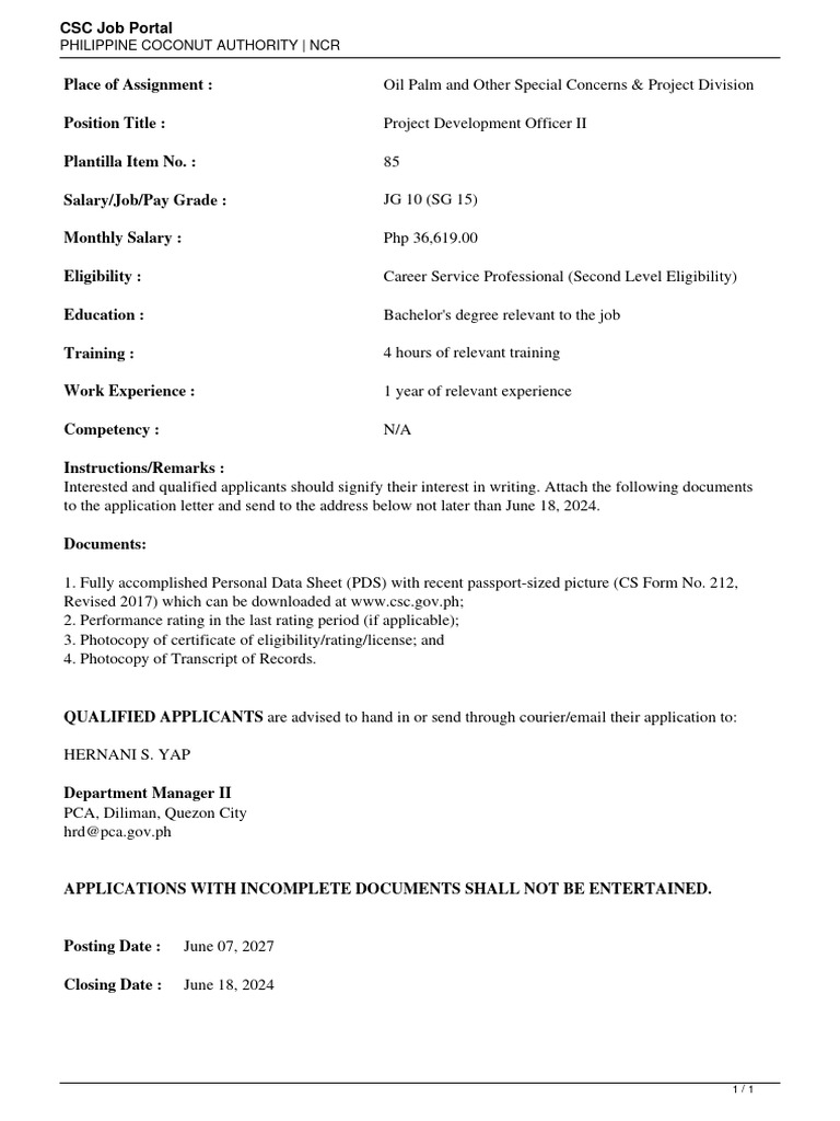 PHILIPPINE COCONUT AUTHORITY-Project Development Officer II | PDF