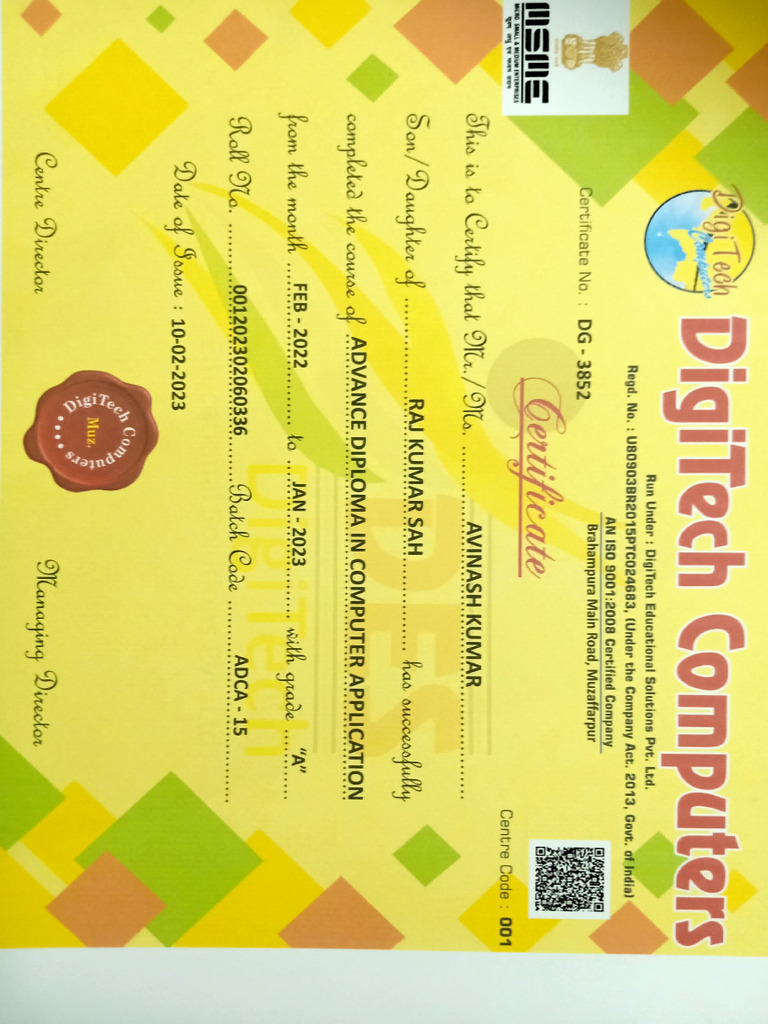 Adca Certificate Avinash | PDF