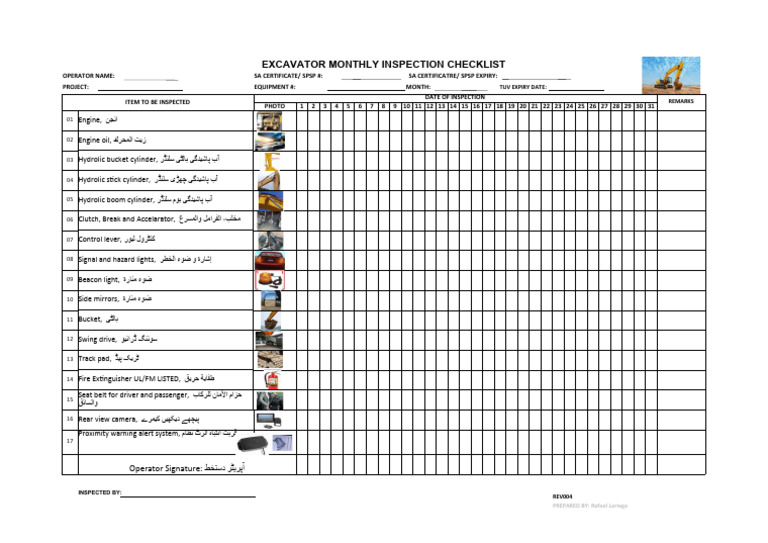 Excavator Checklist -Rev | PDF
