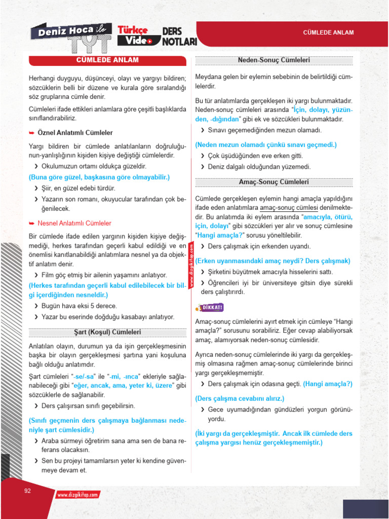 Cumlede Anlam PDF Ders Notu 2024 | PDF