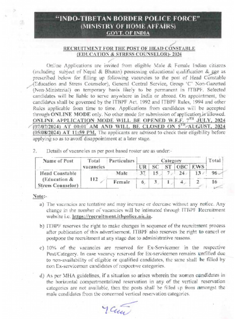 Itbp HC July 24 Notification PDF | PDF