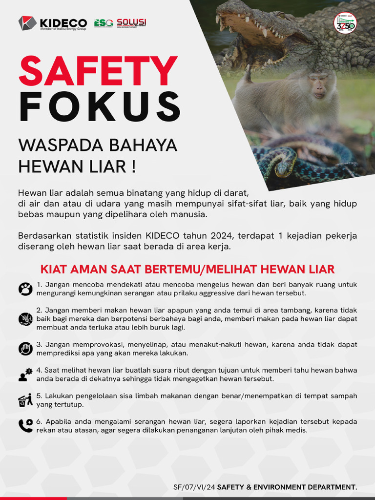 Safety Focus Bulan Juni 2024 - Waspada Bahaya Hewan Liar - 18062024 | PDF