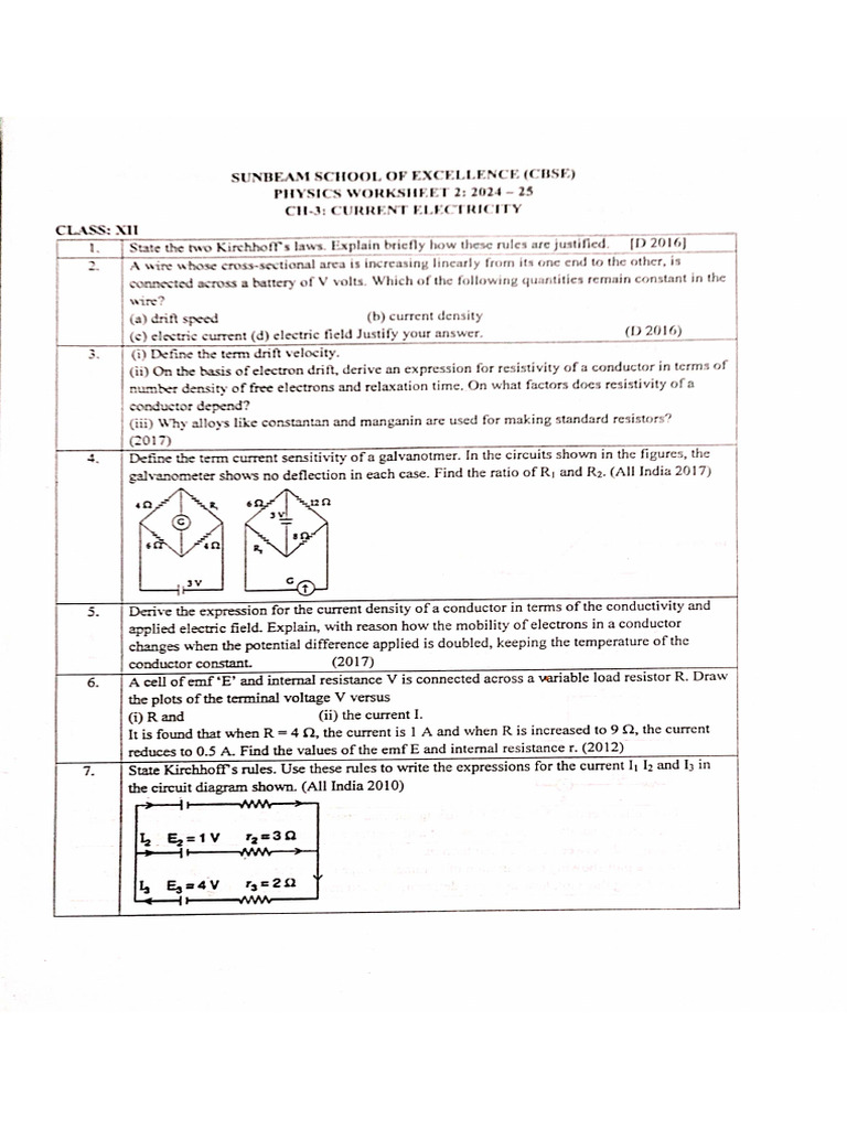 Physics Worksheet Current Electricity Pdf