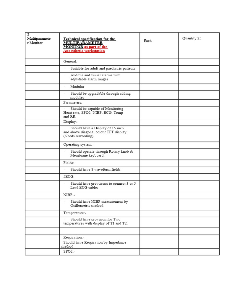 Multiparameter Monitor Technical Specs | PDF