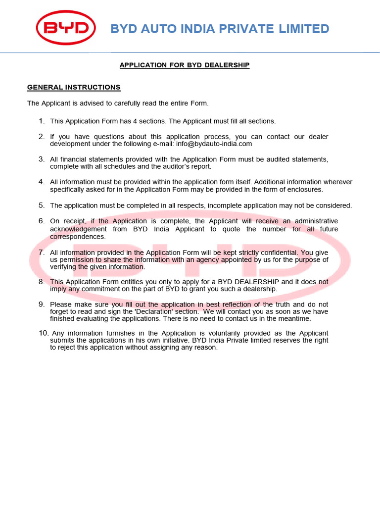 Byd India Dealership Application Form | PDF | Sole Proprietorship | Taxes